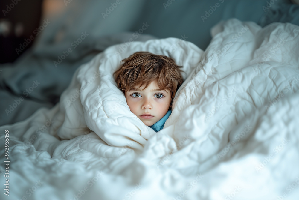 Little boy playing underneath bed sheet. A happy little boy playing in ...