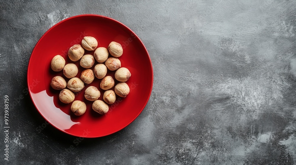 Against a rustic grey background, a red circular platter displays ...