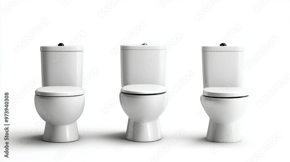 Three white toilets lined up in a row against a clean, white background ...