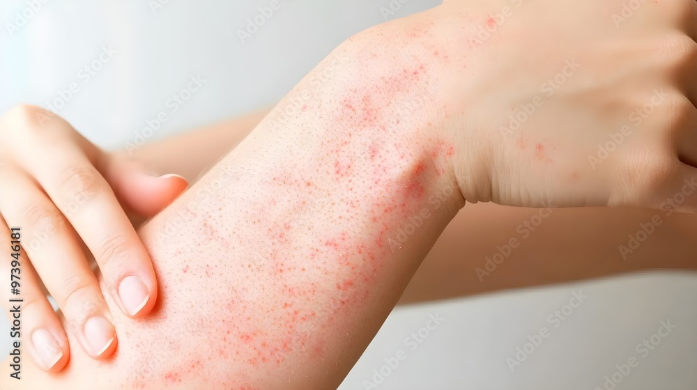 Close-up of a hand on a forearm showing skin irritation with red ...