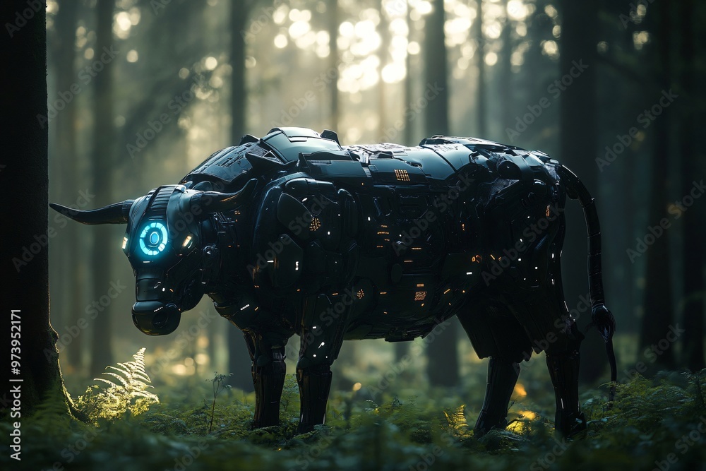 Futuristic robot cow with glowing blue eyes stands tall in a dark ...