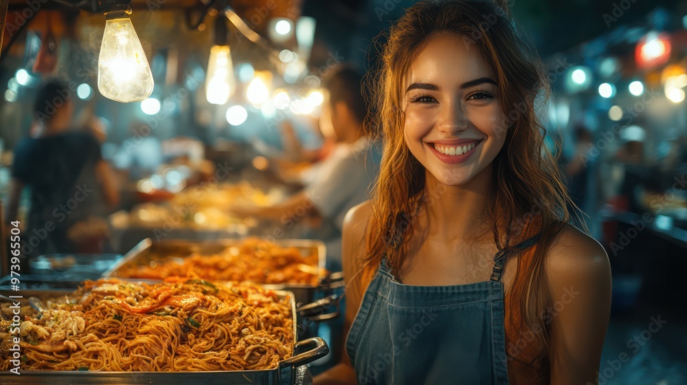 A diverse group of friends in Thailand savoring spicy pad thai noodles ...