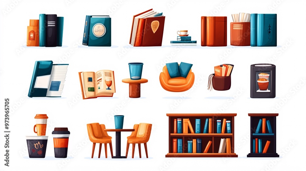 Bookstore cafe furniture set isolated on white background, vector ...