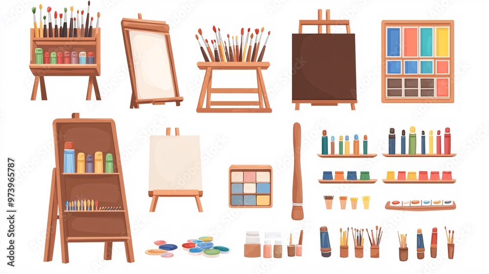 Art supply store furniture set isolated on white background, vector ...