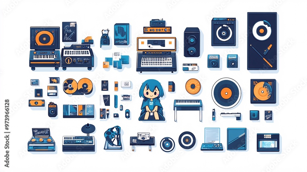 Record store furniture set isolated on white background, vector cartoon ...