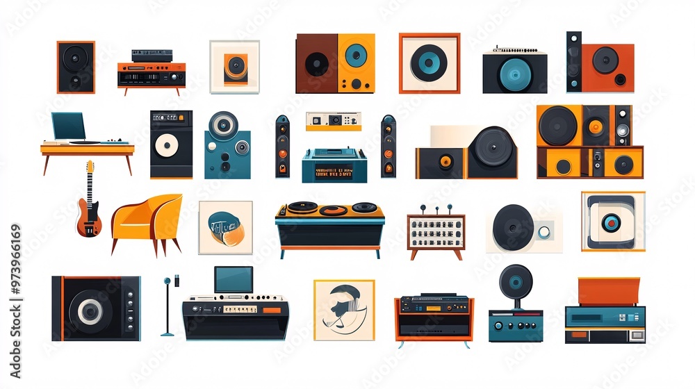 Record store furniture set isolated on white background, vector cartoon ...