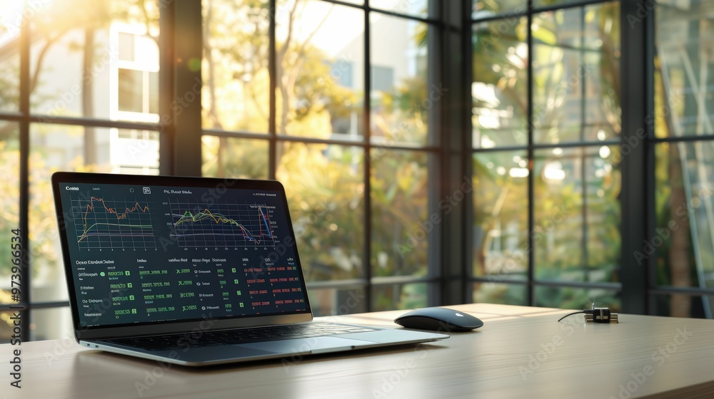 Laptop with Charts in a Modern Office: A sleek laptop displays ...