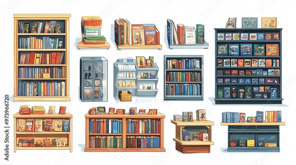 Comic book store furniture set isolated on white background, vector ...