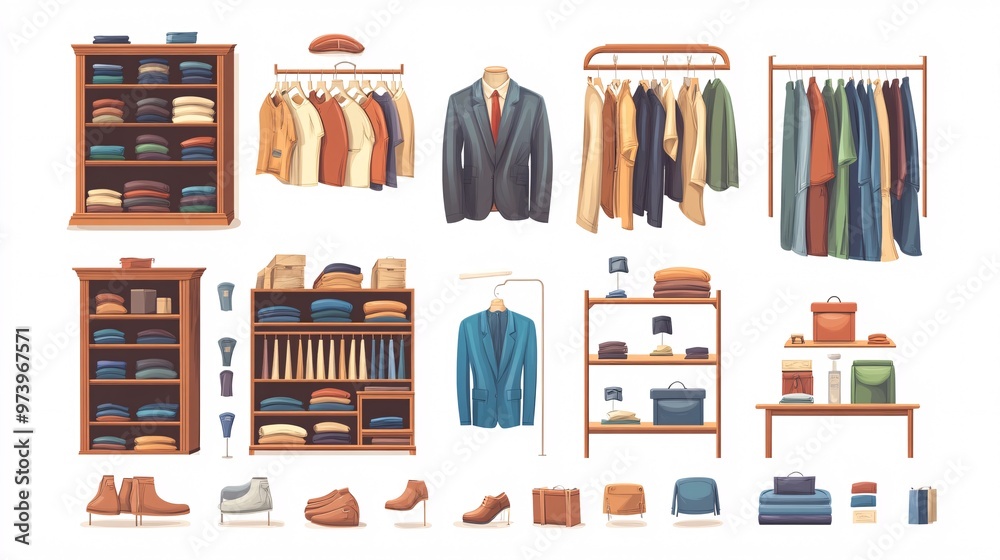 Vintage clothing store furniture set isolated on white background ...