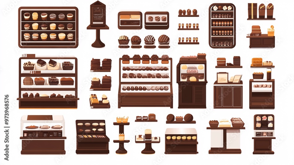 Chocolate shop furniture set isolated on white background, vector ...