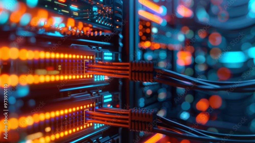 Data Center Network: Close-up of network cables plugged into a server rack in a data center ...