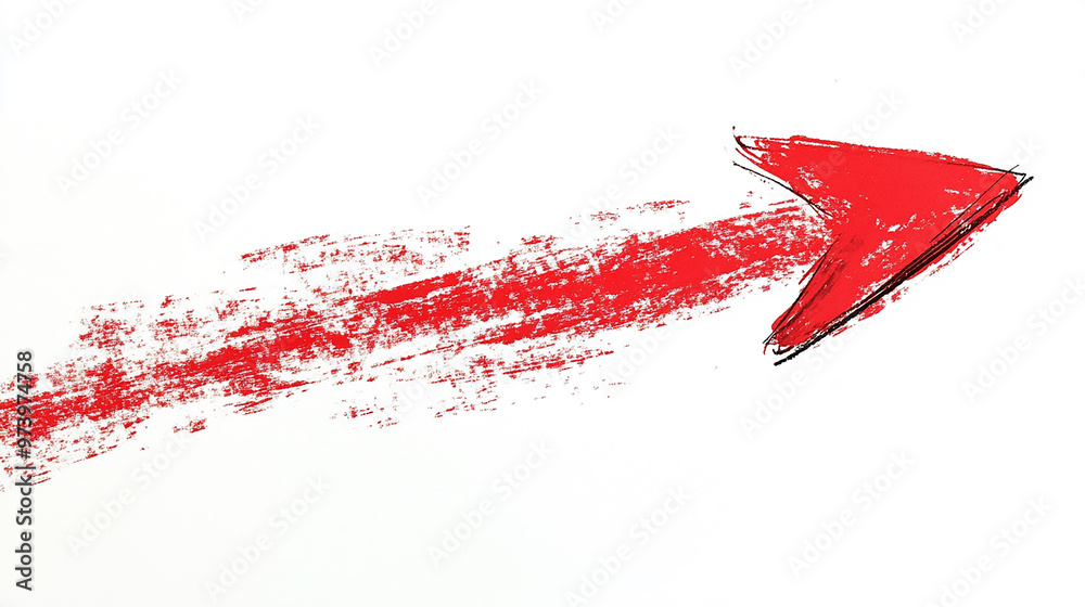 simple red arrow drawn with marker on a white background, the curved ...