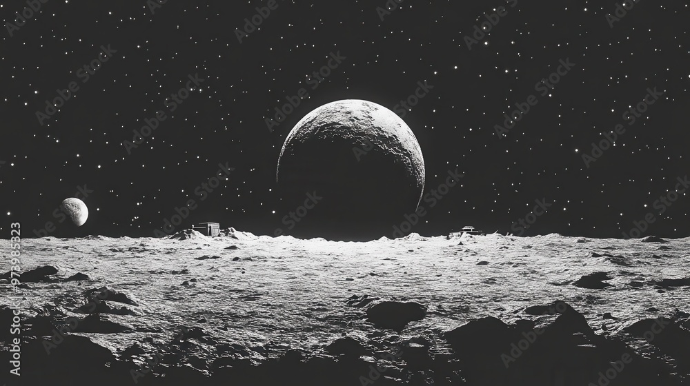 Retro Space Exploration: Moon Crater with Pixelated Stars, Planets, and ...