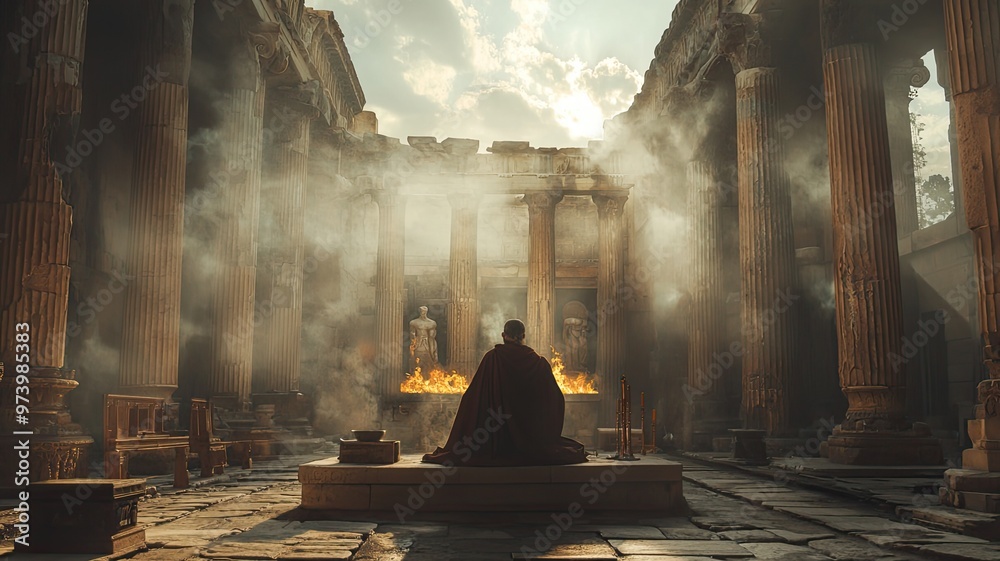 A serene meditation scene in an ancient temple, enveloped in mist, with ...
