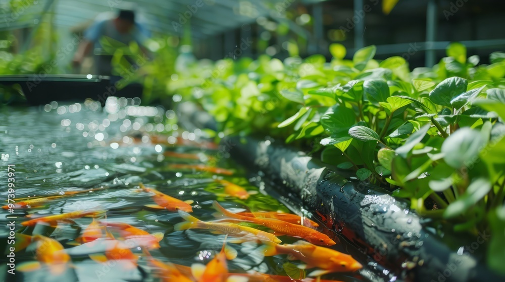 aquaponics farming, farmers tending to both fish and crops in an ...