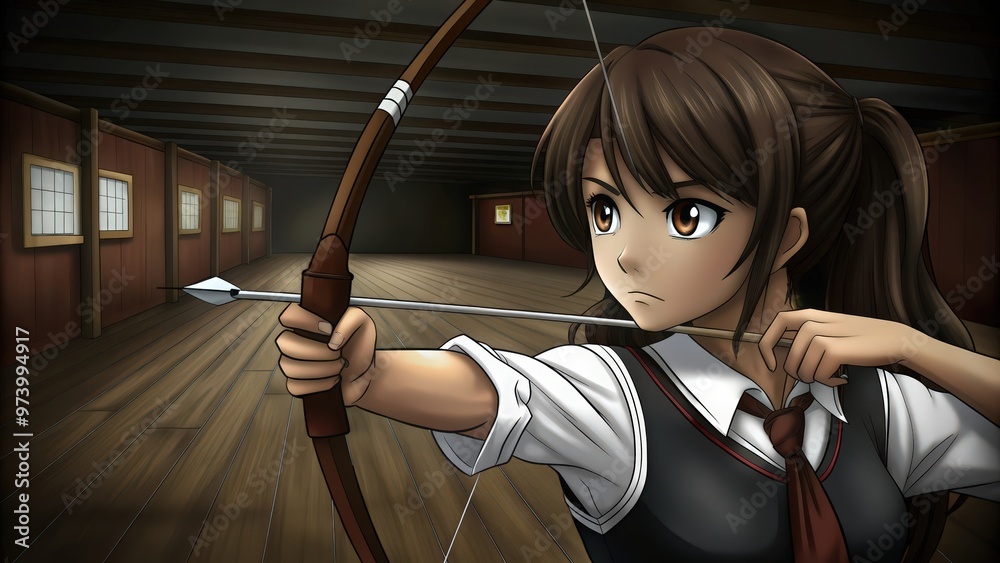 Anime Girl Aiming a Bow and Arrow in a Dojo Stock Illustration | Adobe ...