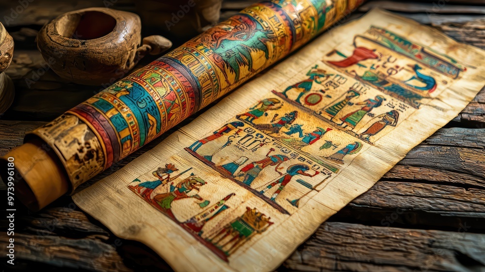Ancient Egyptian scroll with vibrant hieroglyphs and symbols ...