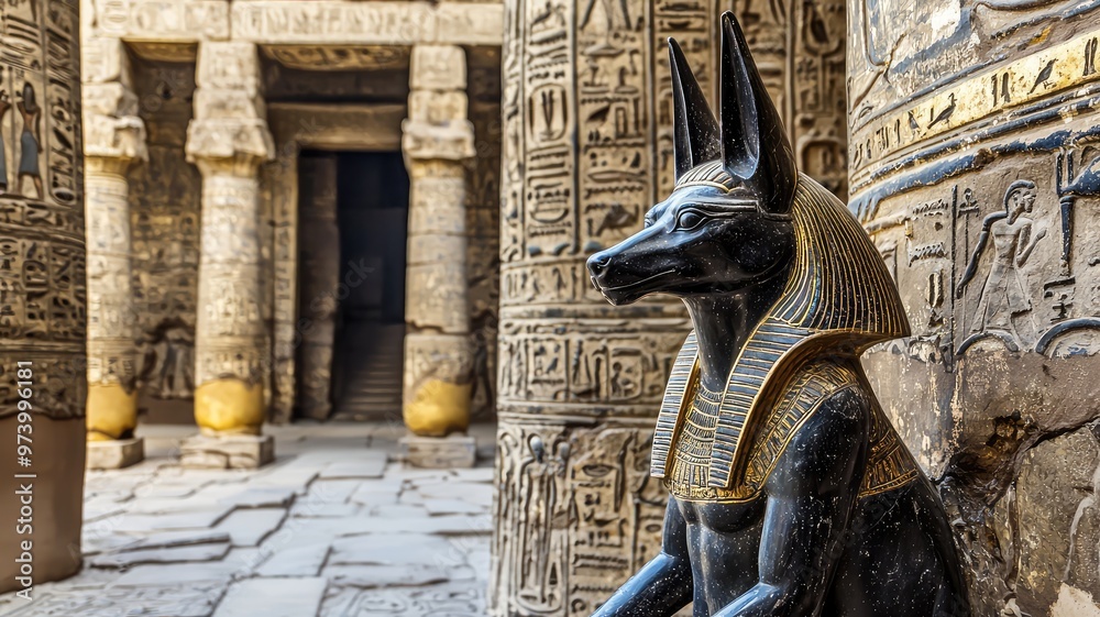 Ancient Egyptian temple featuring a statue of Anubis amidst detailed ...