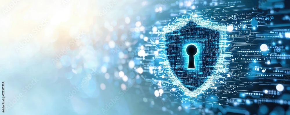 A security icon featuring a blue shield and keyhole on a white canvas ...