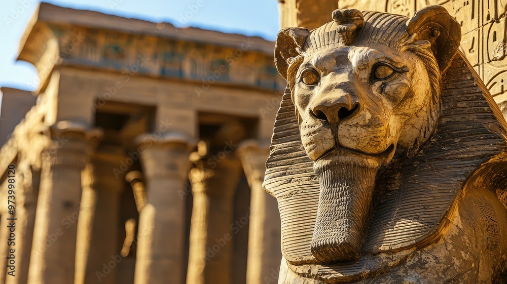 Close-up of an ancient Egyptian lion statue, featuring detailed ...