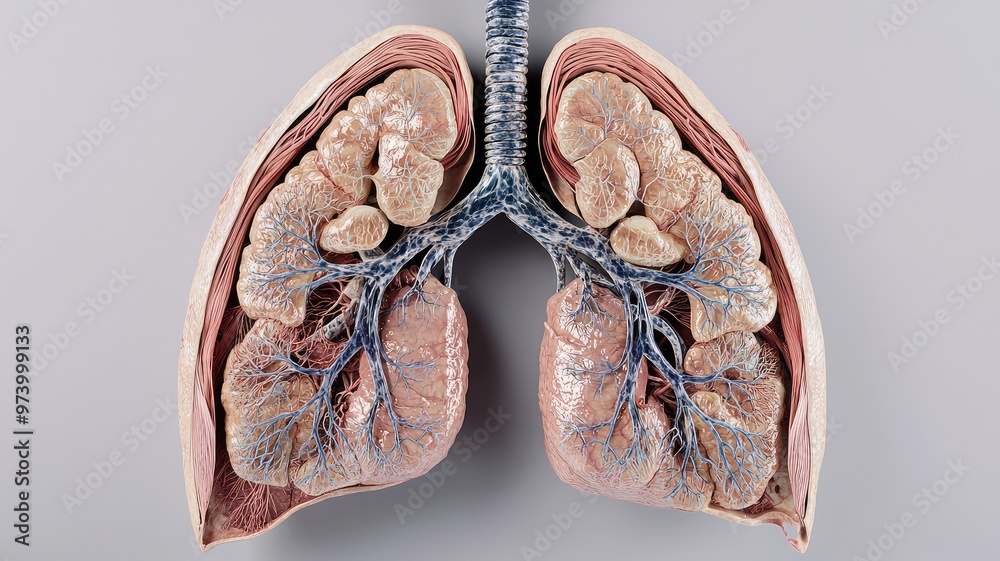 Detailed anatomical illustration of human lungs showcasing structure ...