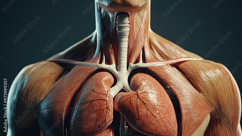 Detailed anatomical model of the human thorax showcasing lungs and ...