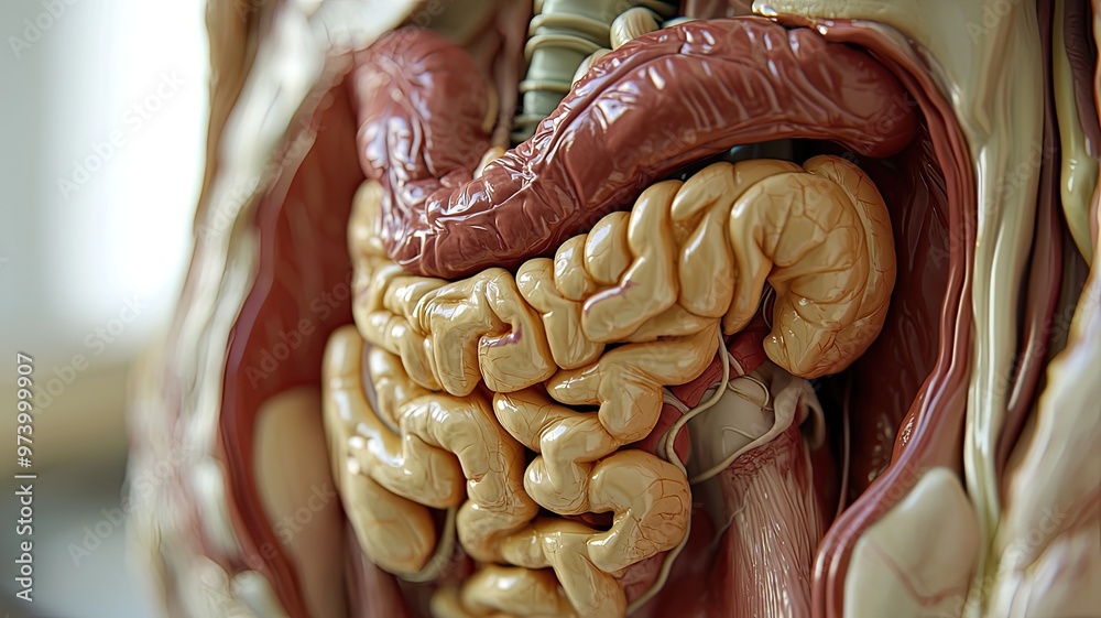Detailed view of human digestive system highlighting the intestines ...