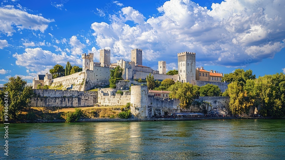 Stunning medieval castle overlooking a serene river under a vibrant ...