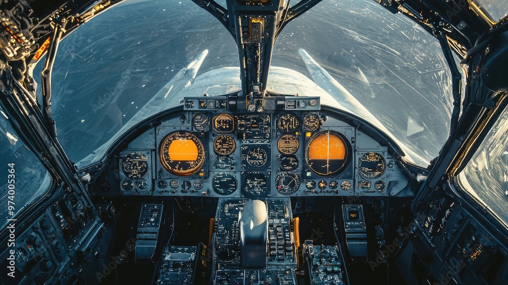 Stunning view of an aircraft cockpit with vibrant displays, controls ...