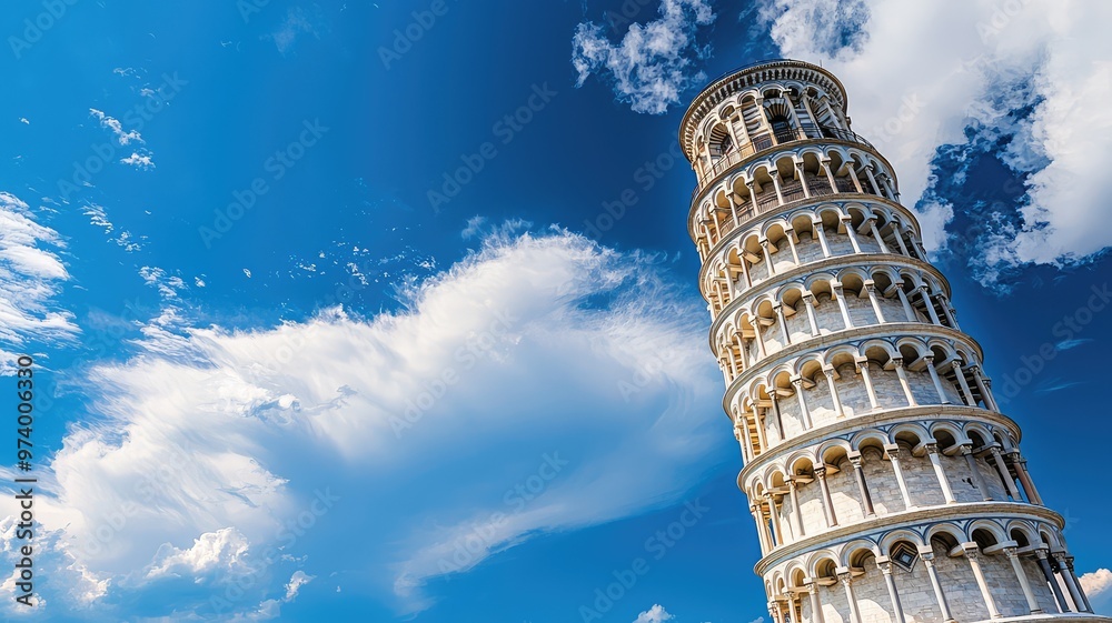 The Leaning Tower of Pisa stands majestically against a bright blue sky ...