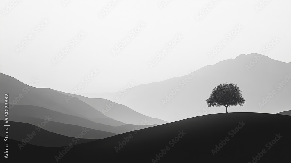 Artistic negative space landscape with bold, simple forms and large ...