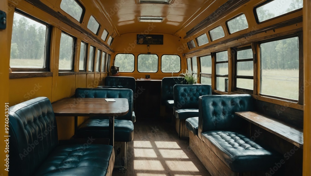 Mobile office in a converted old school bus with vintage seating Stock ...