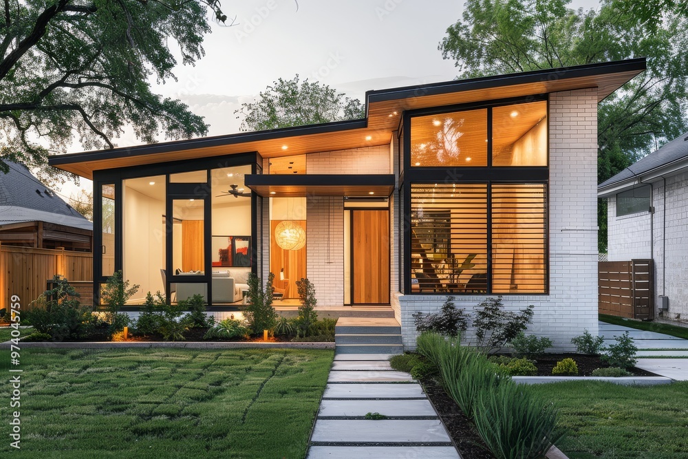 Modern Texas-style home with white brick, vertical wood slats, and ...