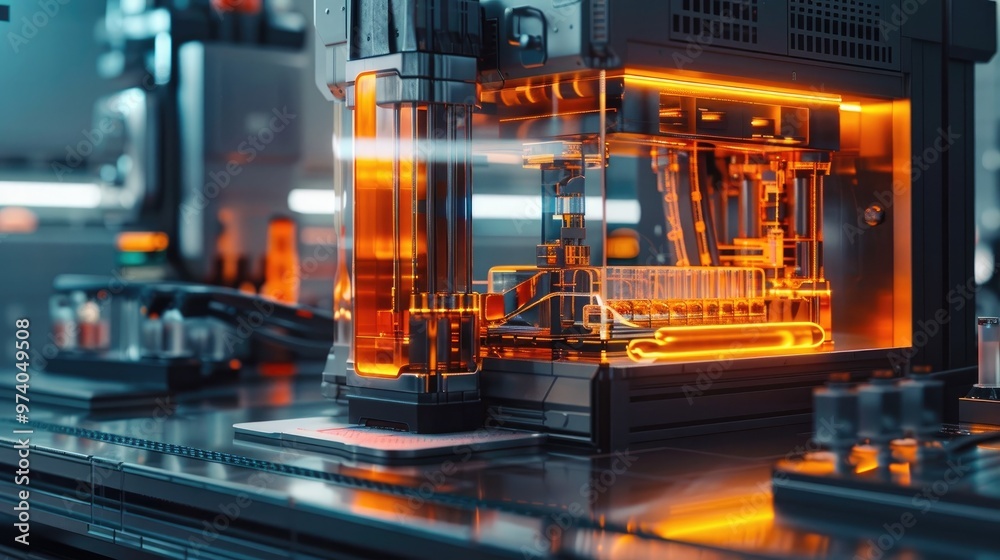 Closeup view of an automated industrial manufacturing process featuring ...