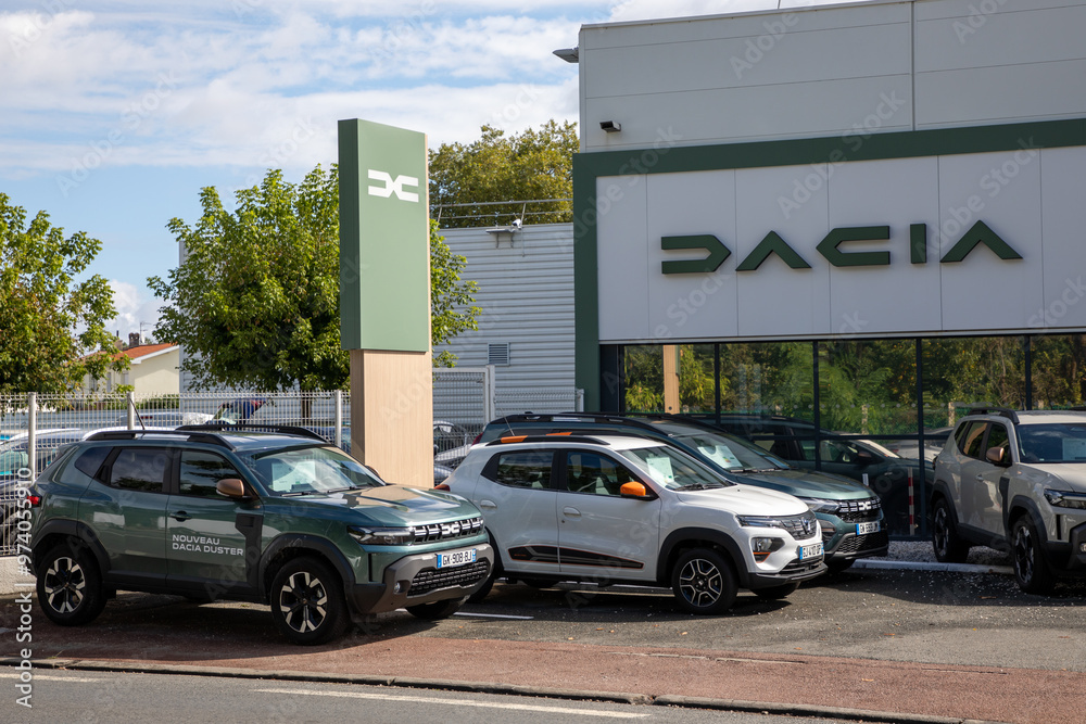 Dacia sign brand and text logo on building facade car duster dealership ...