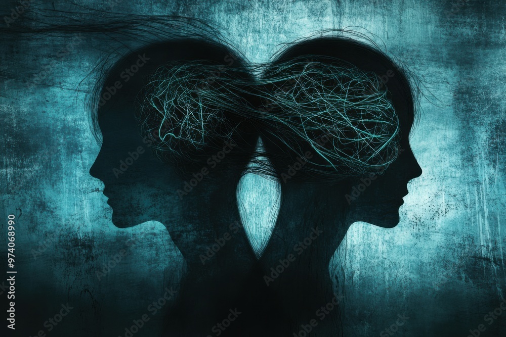 Two overlapping head silhouettes, one with a tangled and the other with ...