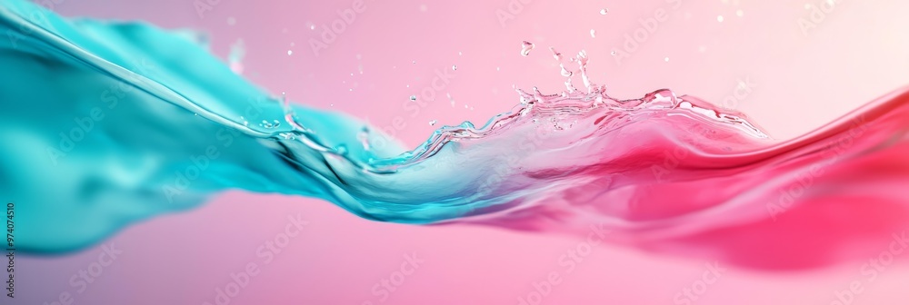 A pink-and-blue wave, topped with a splash of water, overlays another ...