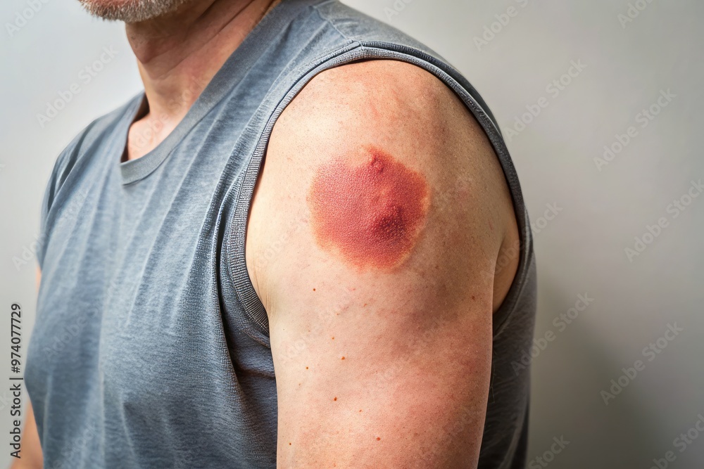 Close-up of a reddish, swollen, and inflamed axillary lump under the ...