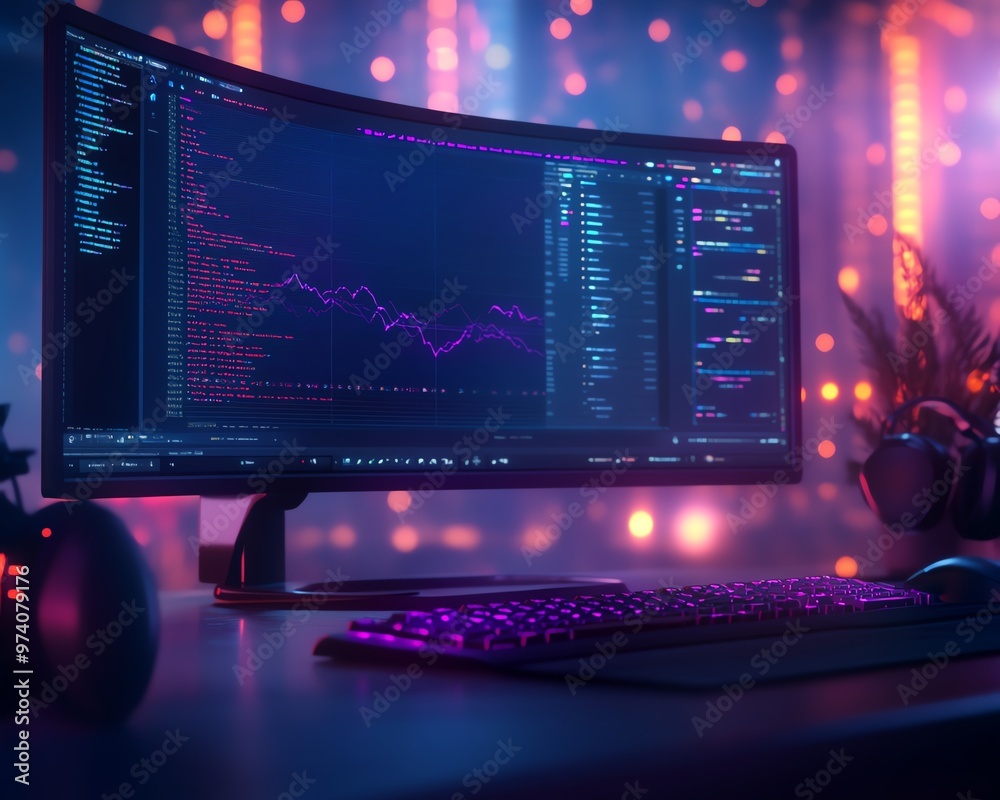 Modern computer setup with curved monitor displaying programming code ...