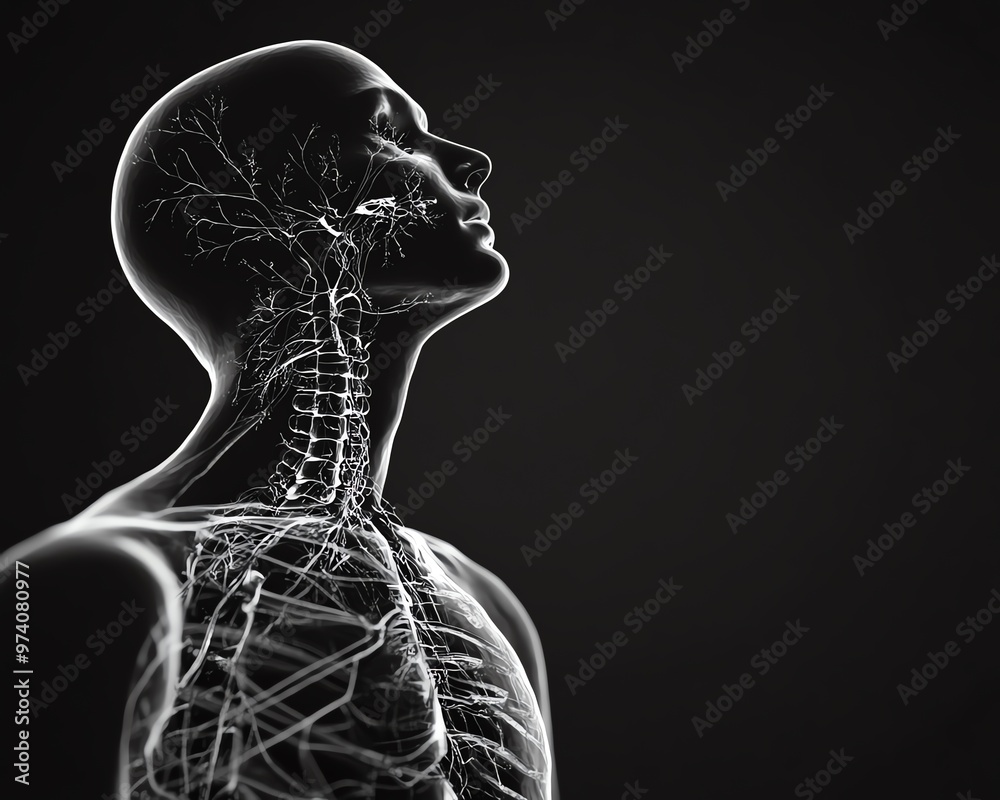 X-ray image of a human skeleton and nervous system in a side profile ...