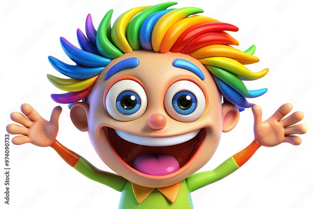Colorful cartoon character facial expression with raised eyebrows, wide ...