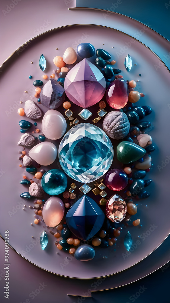 Colorful collection of gemstones arranged artfully on a surface ...