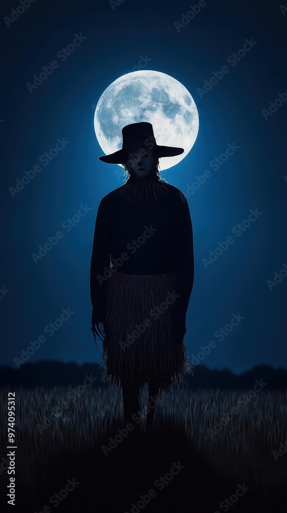 A scarecrow in a moonlit field, its shadow cast long and eerie by the ...