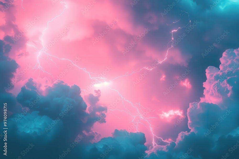 Dramatic lightning storm under a vivid blue and pink sky, highlighting ...