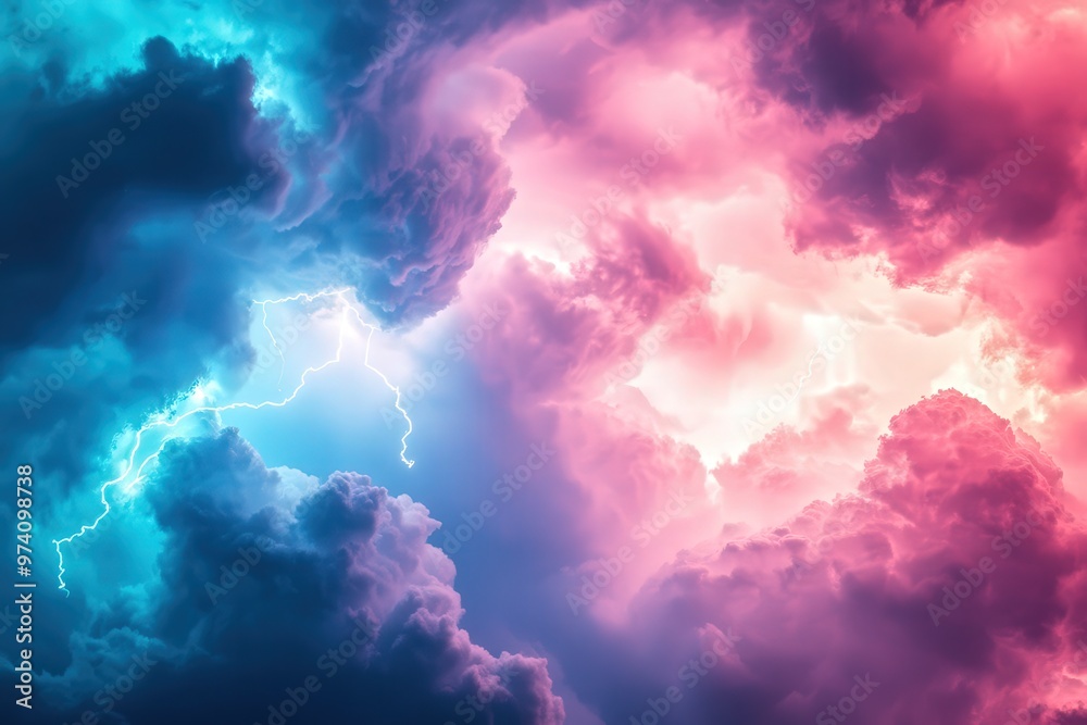 Dramatic lightning storm under a vivid blue and pink sky, highlighting ...