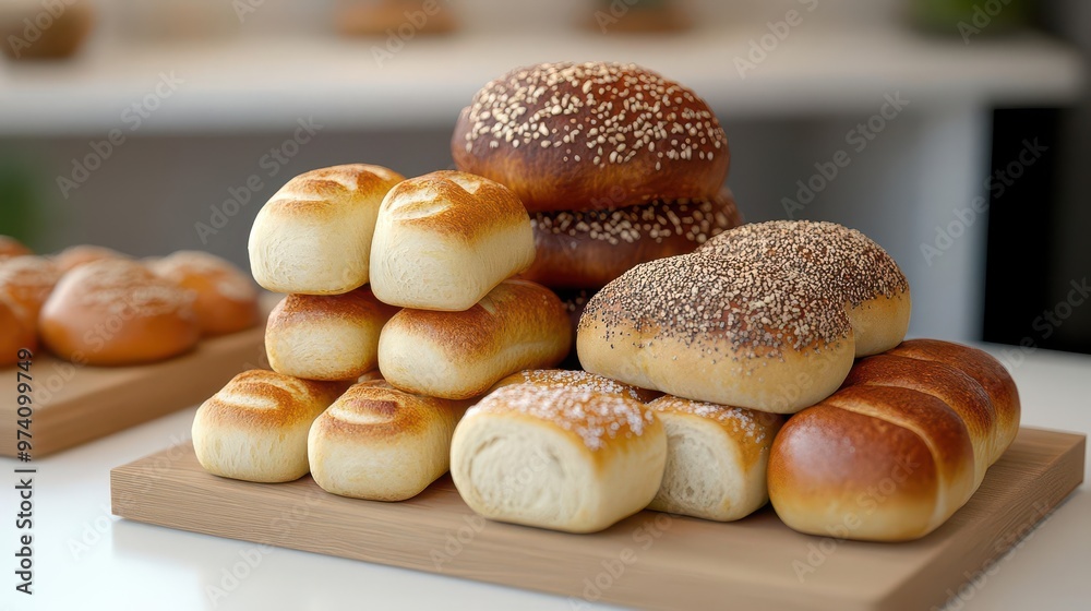 A 3D model of a bakery counter stacked with different kinds of freshly ...