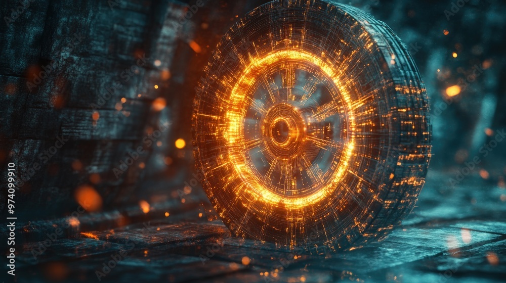 3D visualization of a rustic wooden wheel evolving into a futuristic ...