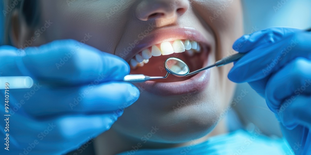 A dental assistant carefully examines a patient’s teeth during a ...