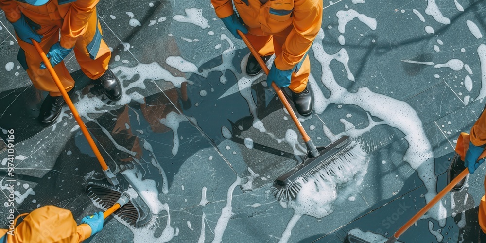 Professional cleaning team in vibrant uniforms sanitizing a large floor ...