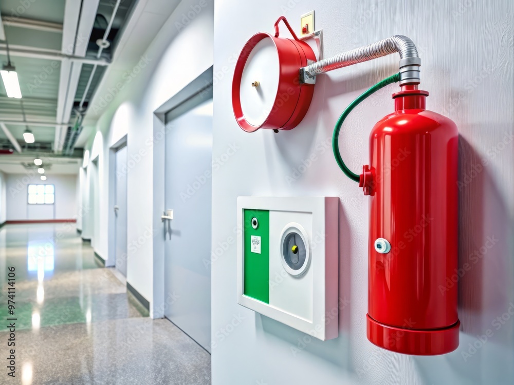 Compact fire alarm system with bright red fire extinguisher, smoke ...